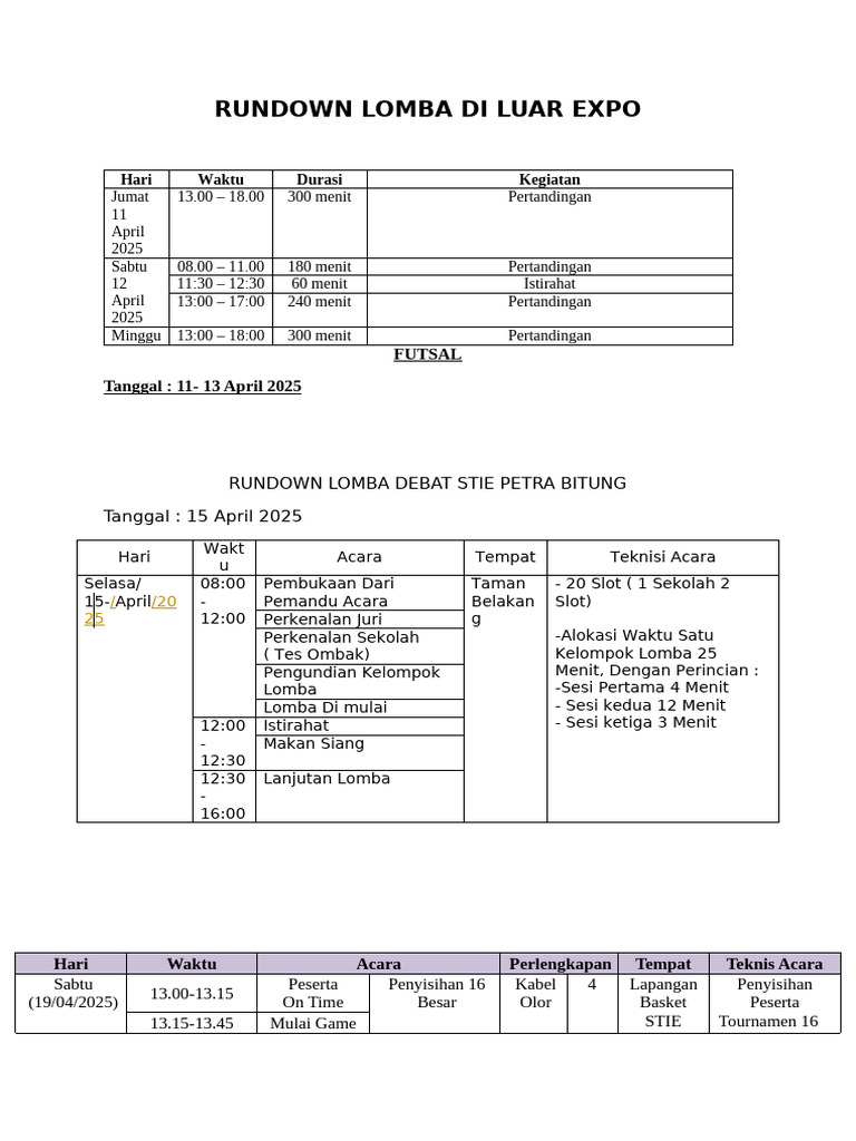 RUNDOWN LOMBA SEBELUM EXPO DAN DI DALAM EXPO | PDF