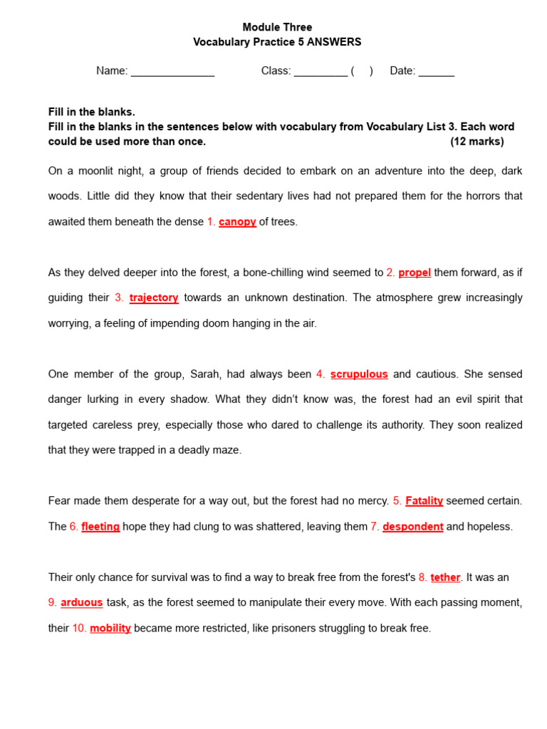 Vocabulary Practice: Adventure Story Answers | PDF