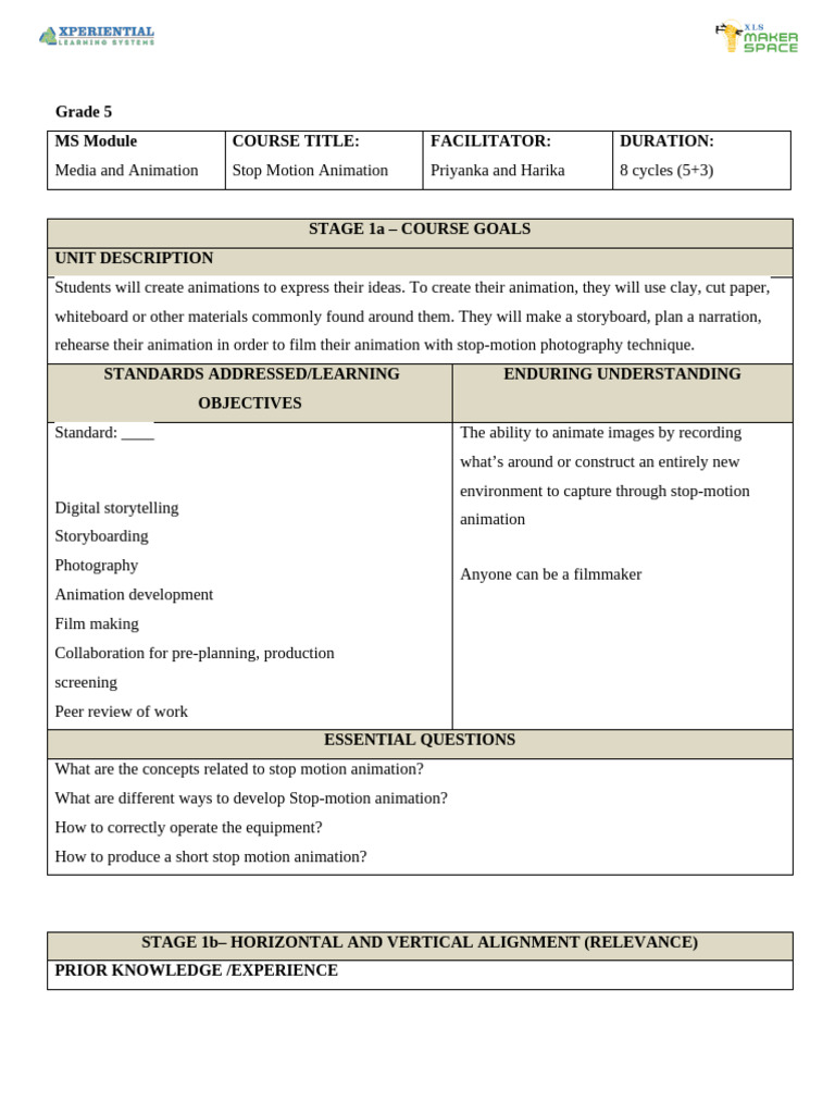Unit Plan - Stopmotion Animation | PDF | Animation | Learning