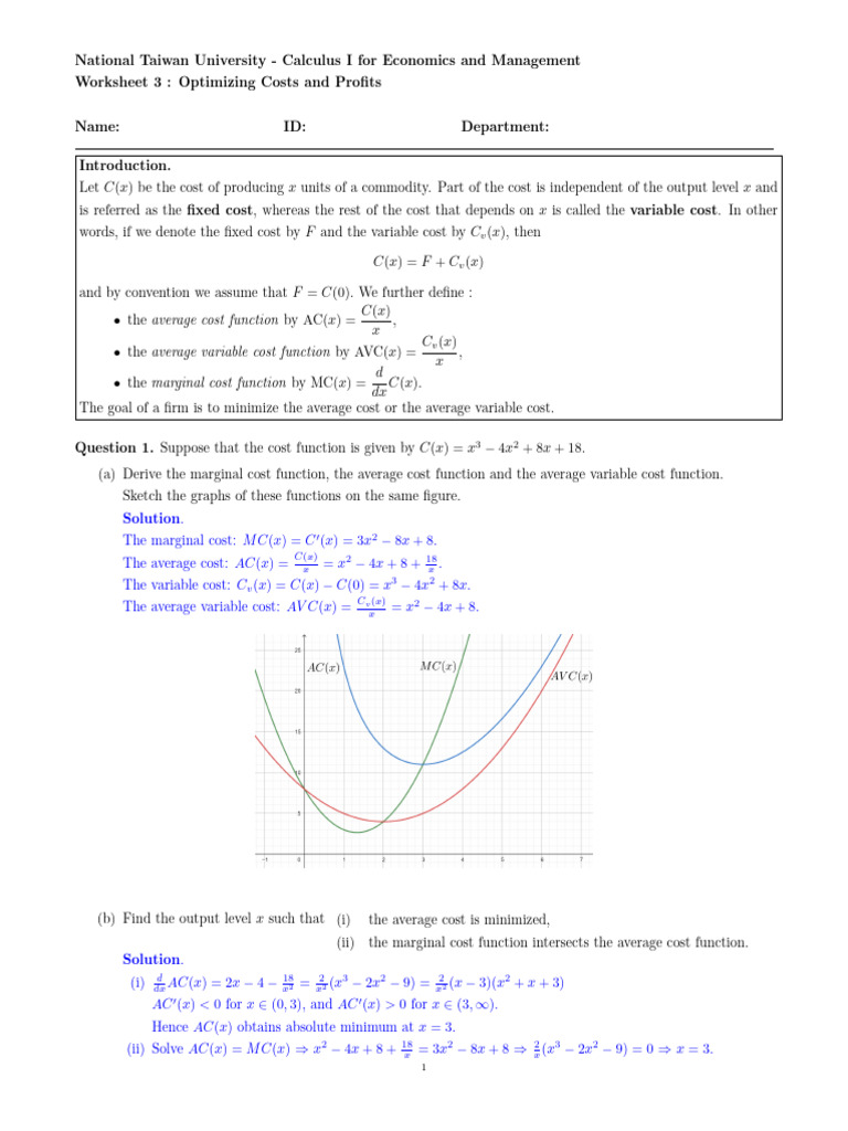 110 Calculus 1 WS 3 Optimization Problems in Economics | PDF | Profit ...