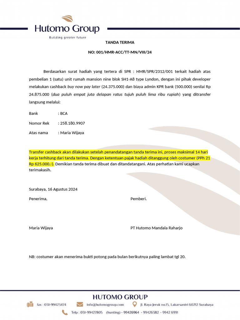 Form Cashback Dari Developer | PDF