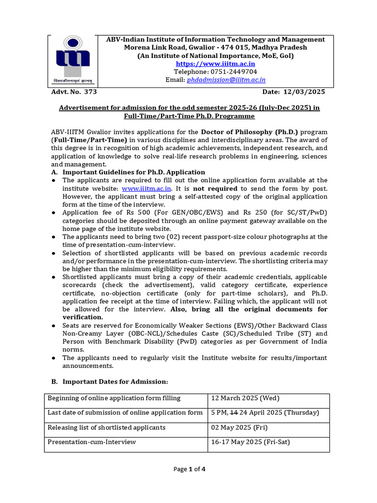 Ph.D. Admissions 2025 at IIITM Gwalior | PDF | Doctor Of Philosophy ...