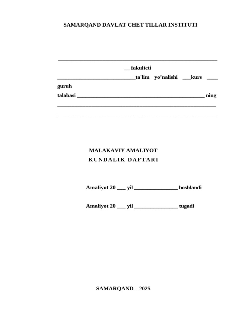 Amaliyot kundaligi 3-kurslar 48 kun uchun | PDF