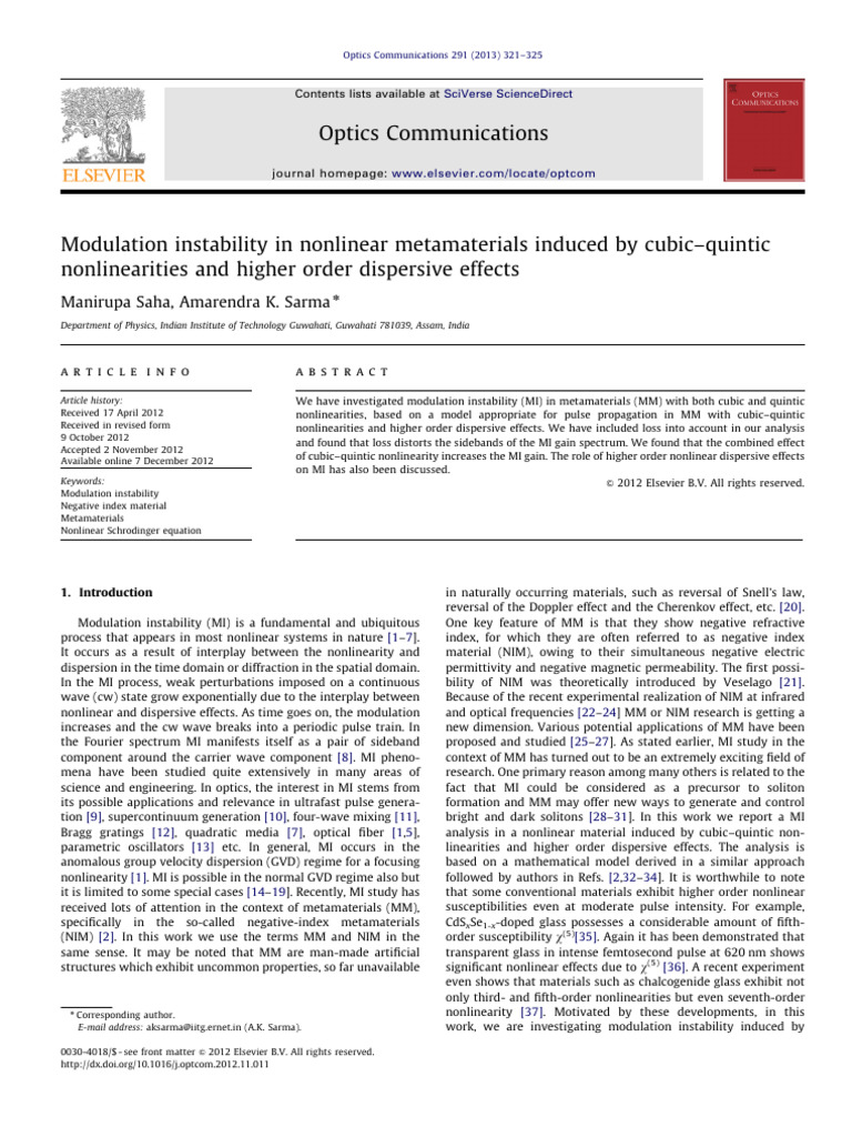 Modulation Instabilityinnonlinearmetamaterials | PDF | Dispersion (Optics) | Metamaterial