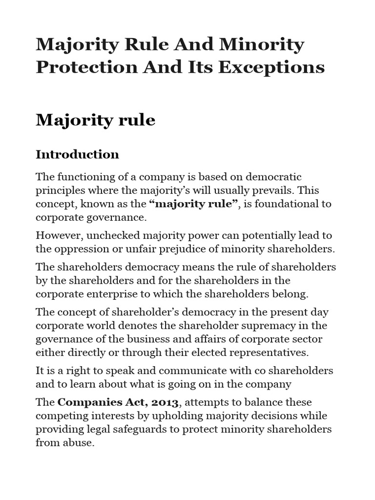 Majority Rule and Minority Protection and Its Exceptions | PDF | Board ...