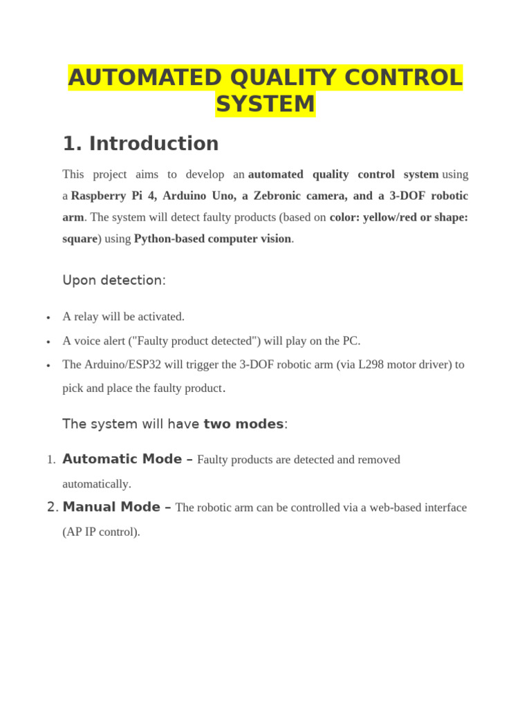 AUTOMATED QUALITY CONTROL SYSTEM(faulty product) | PDF | Automation ...