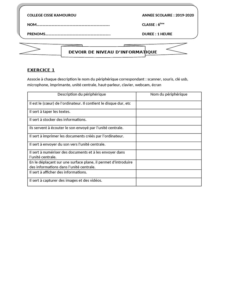 Devoir D'informatique Niveau 6 Eme | PDF