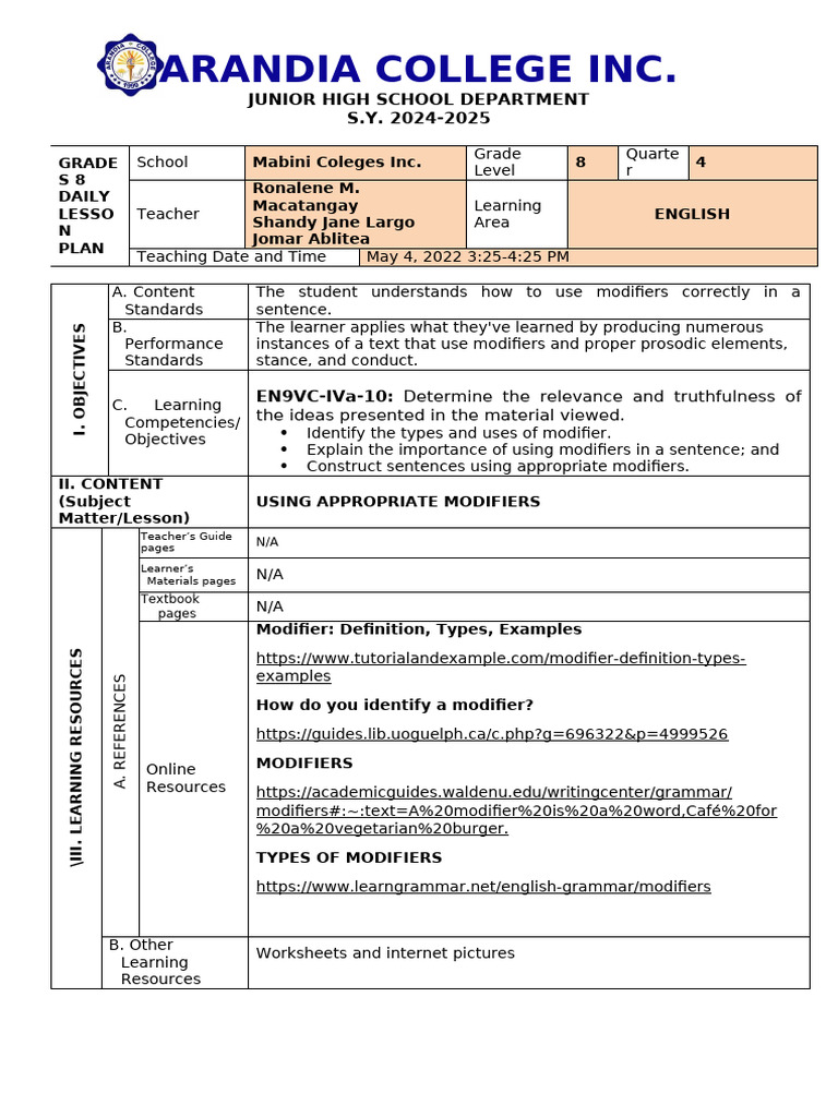 Daily Lesson Plan Using Appropriate Modifiers Grade 8 Anthurium | PDF ...