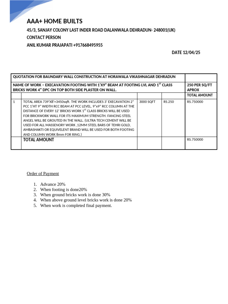 Boundary Wall Construction Quotation | PDF