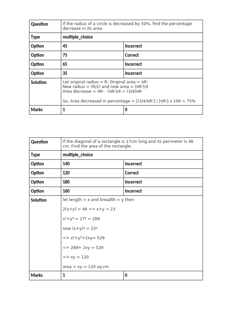 Area, Shapes and Perimeter Quiz-1 | PDF | Area | Rectangle
