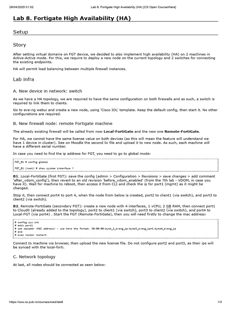 Lab 8. Fortigate High Availability (HA) (CS Open CourseWare) | PDF | Ip Address | Network Topology