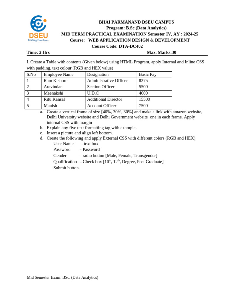 WAD Mid Term Practical Question Paper DSEU - Section A | PDF