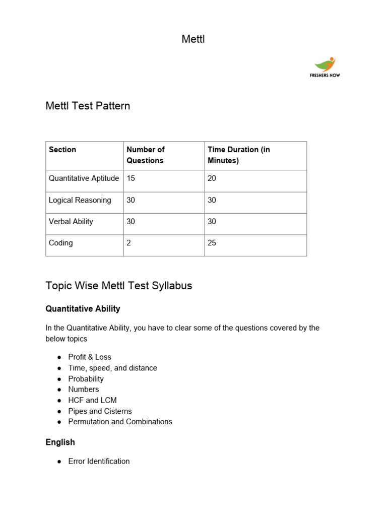 Mettl Test Pattern Topics | PDF