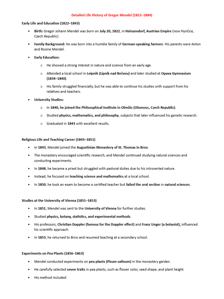 Detailed Life History of Gregor John Mendel | PDF | Dominance (Genetics ...