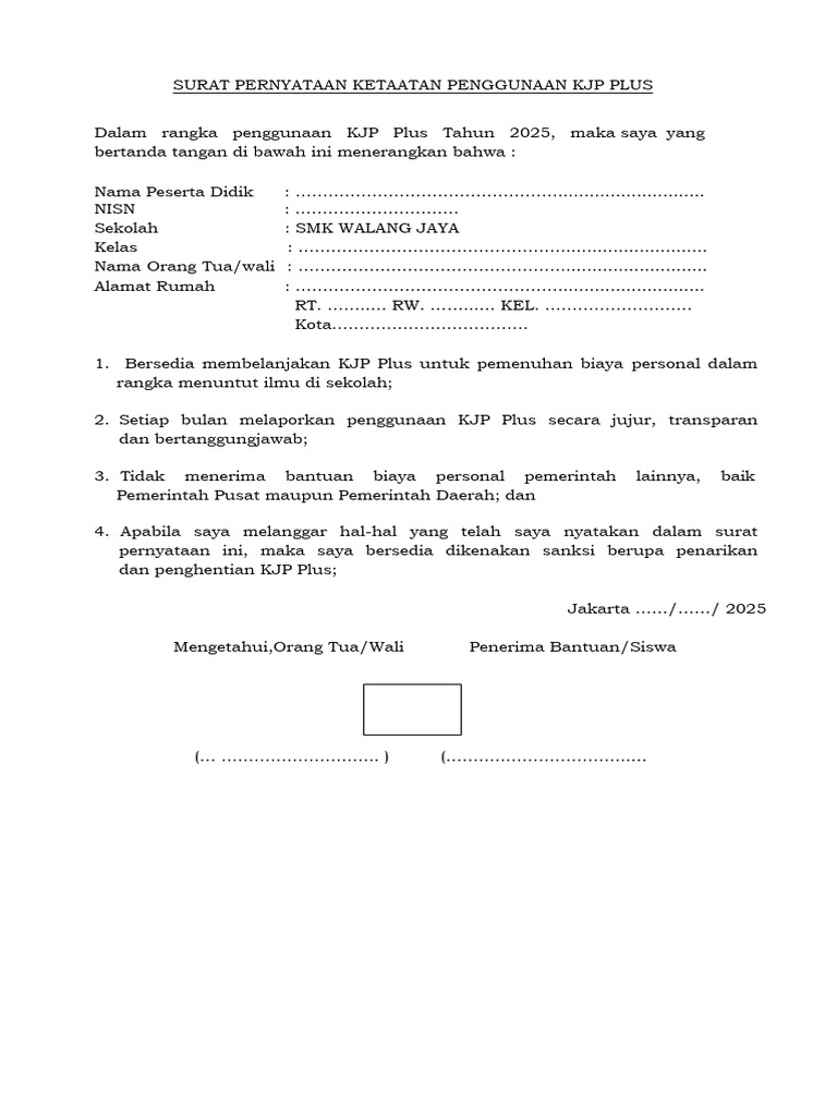 Formulir KJP Tahap 1 Tahun 2025 Walang Jaya | PDF