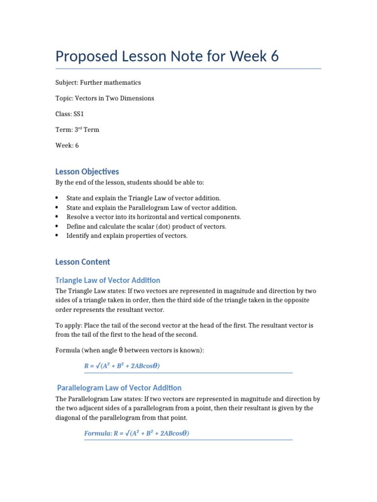 Extended Vectors Lesson Note | PDF | Euclidean Vector | Classical Geometry
