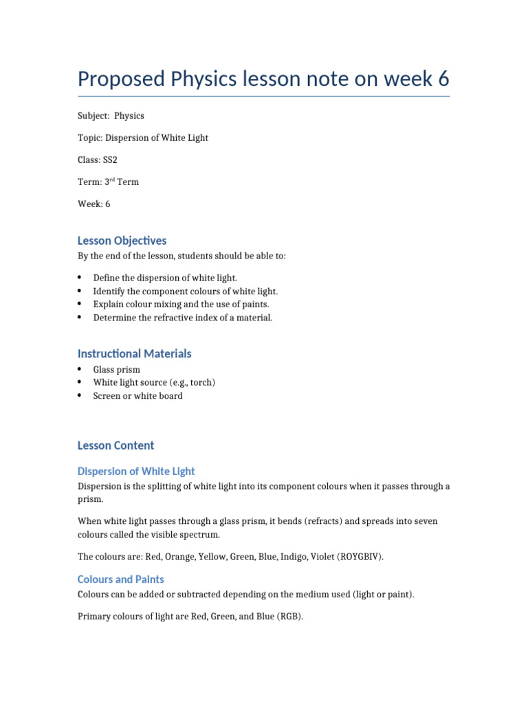 Dispersion White Light Lesson Note | PDF | Color | Electrodynamics