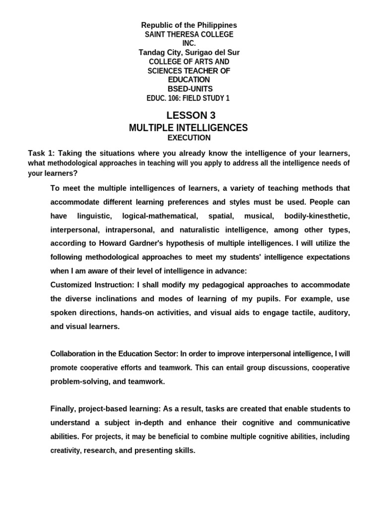 Lesson 3 FS 1 Multiple Intelligence | PDF | Learning | Behavioural Sciences