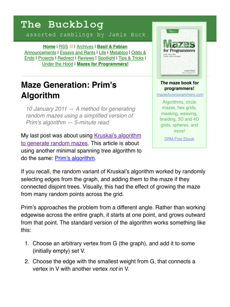 Buckblog - Maze Generation - Prim's Algorithm | PDF | Algorithms ...