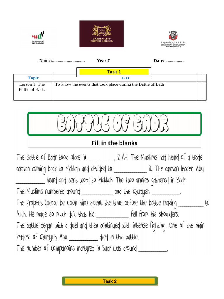 The Battle of Badr Worksheet 1 | PDF