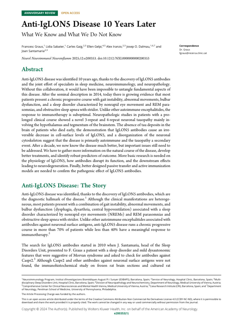 Anti-IgLON5 Disease: A Decade Review | PDF | Neurology | Neurological ...