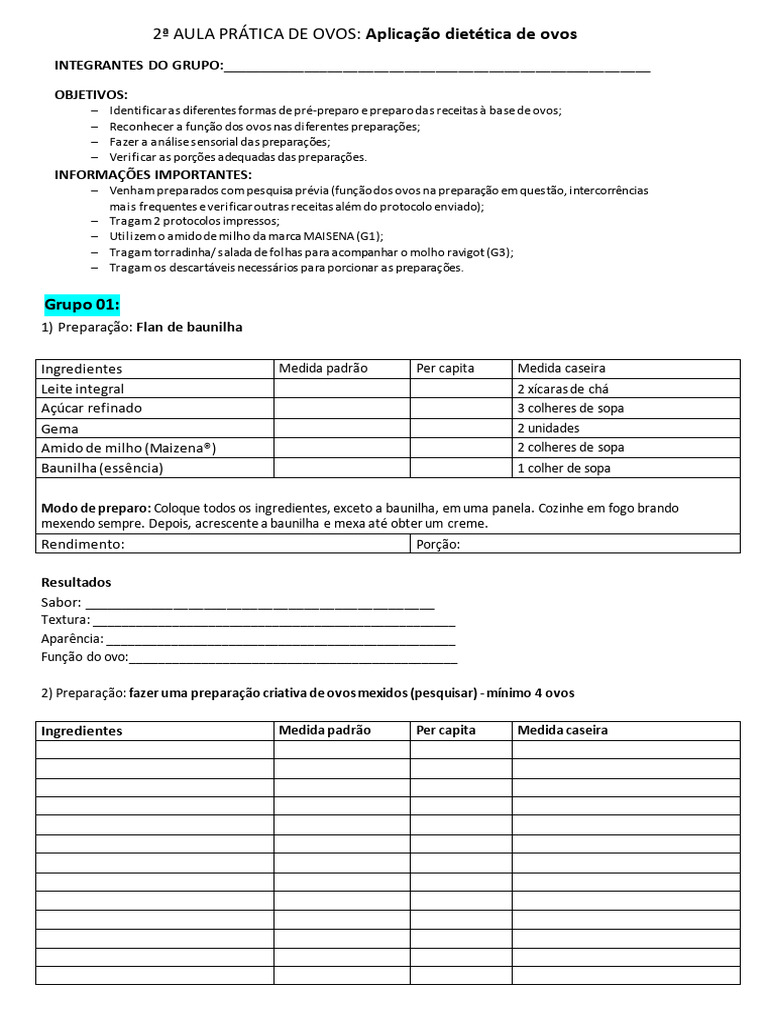 Cópia de AULA PRÁTICA 02 - Ovos - 2022 | PDF | Creme (gastronomia) | Queijo