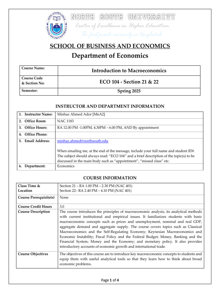 Course Outline ECO 104 SECTION 21 - 22 Spring 2025 | PDF ...