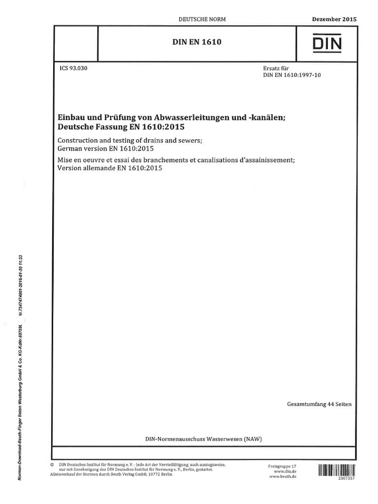 DIN EN 1610. Einbau Und Prüfung Von Kanälen | PDF