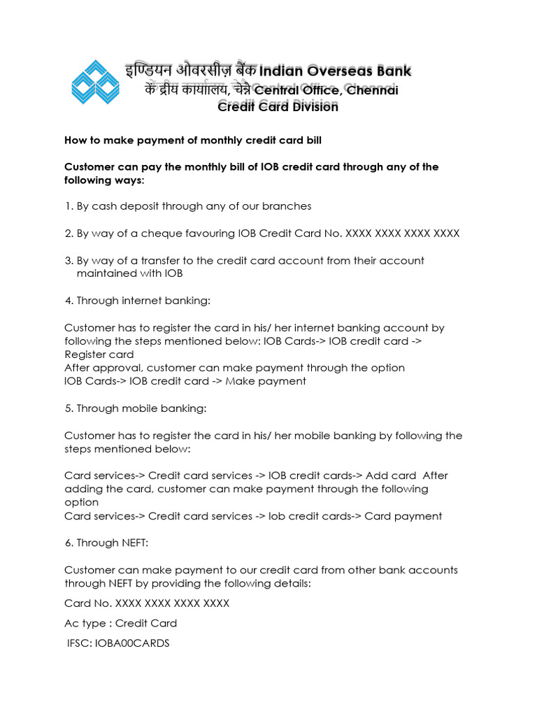 IOB Credit Card Bill Payment Methods | PDF