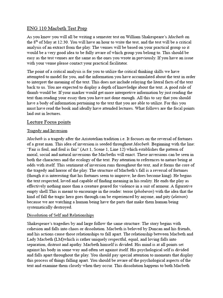 ENG 110 Macbeth Test Prep | PDF | Macbeth | Tragedy