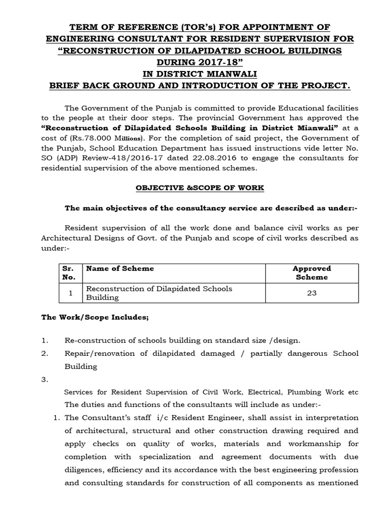 Sample TOR - Resident Supervision Mianwali | PDF | Specification ...