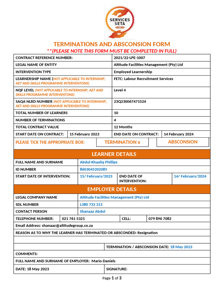 Abdul Phillips Termination Form | PDF | Justice | Crime & Violence