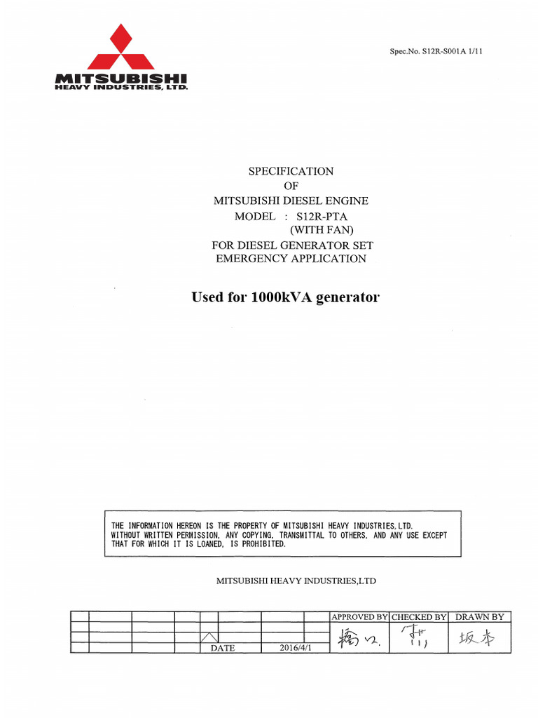Catalogue Mitsubishi S12R PTA 1000kVA | PDF