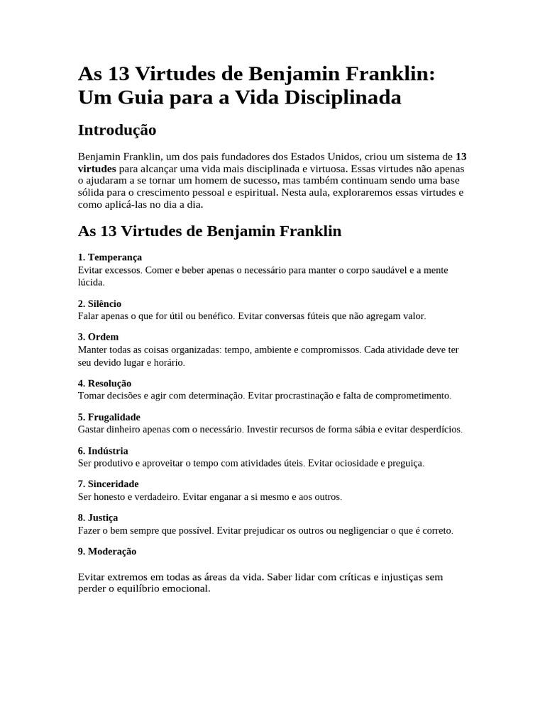As 13 Virtudes de Benjamin Franklin | PDF | Virtude | Benjamin Franklin