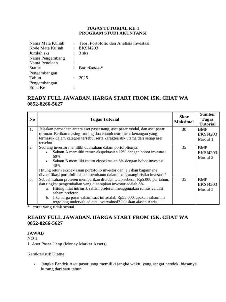 Tugas 1 - Teori Portofolio Dan Analisis Investasi | PDF