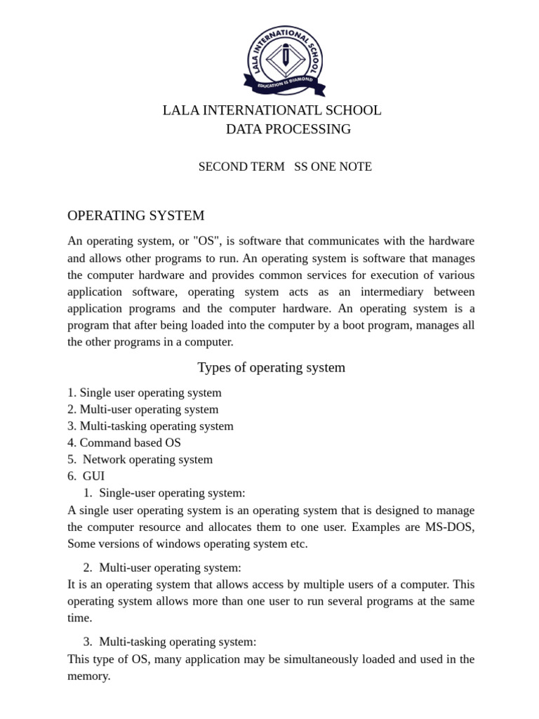 Operating System and Word Processing For Ss One | PDF | Operating ...