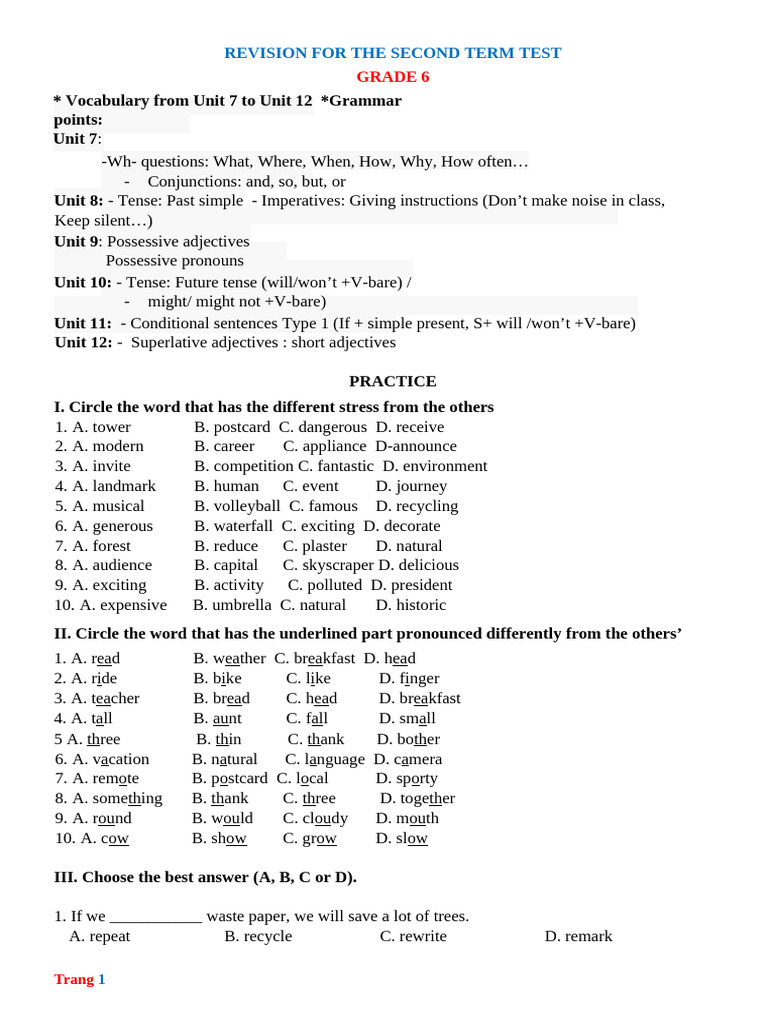 BT Ôn Tập Tieng Anh 6 HK2 | PDF | Recycling