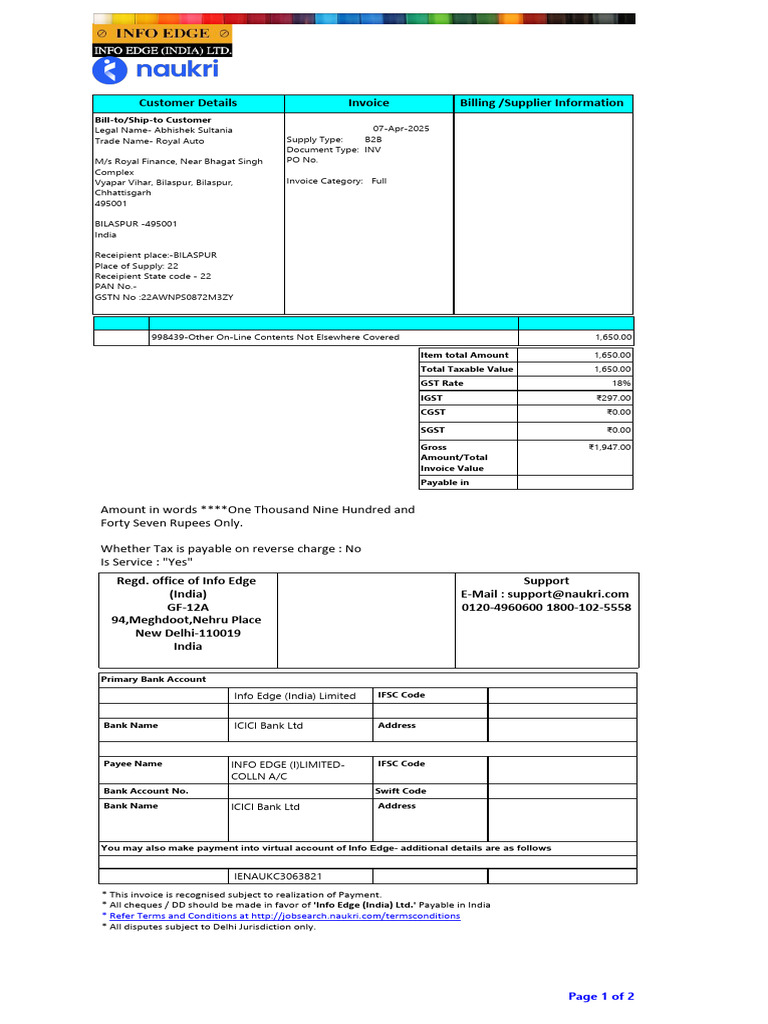 Naukri Proforma Invoice With Tax - Royal Auto | PDF | Payments | Taxation