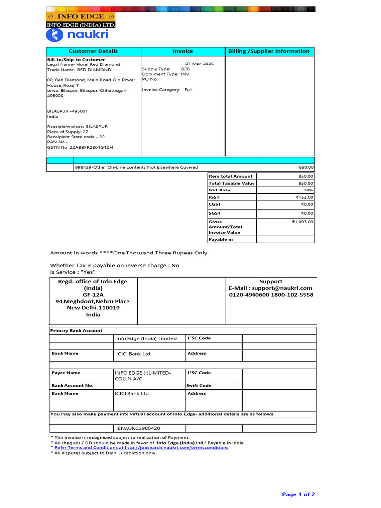 Naukri Proforma Invoice With Tax - Red Diamond | PDF | Payments | Invoice