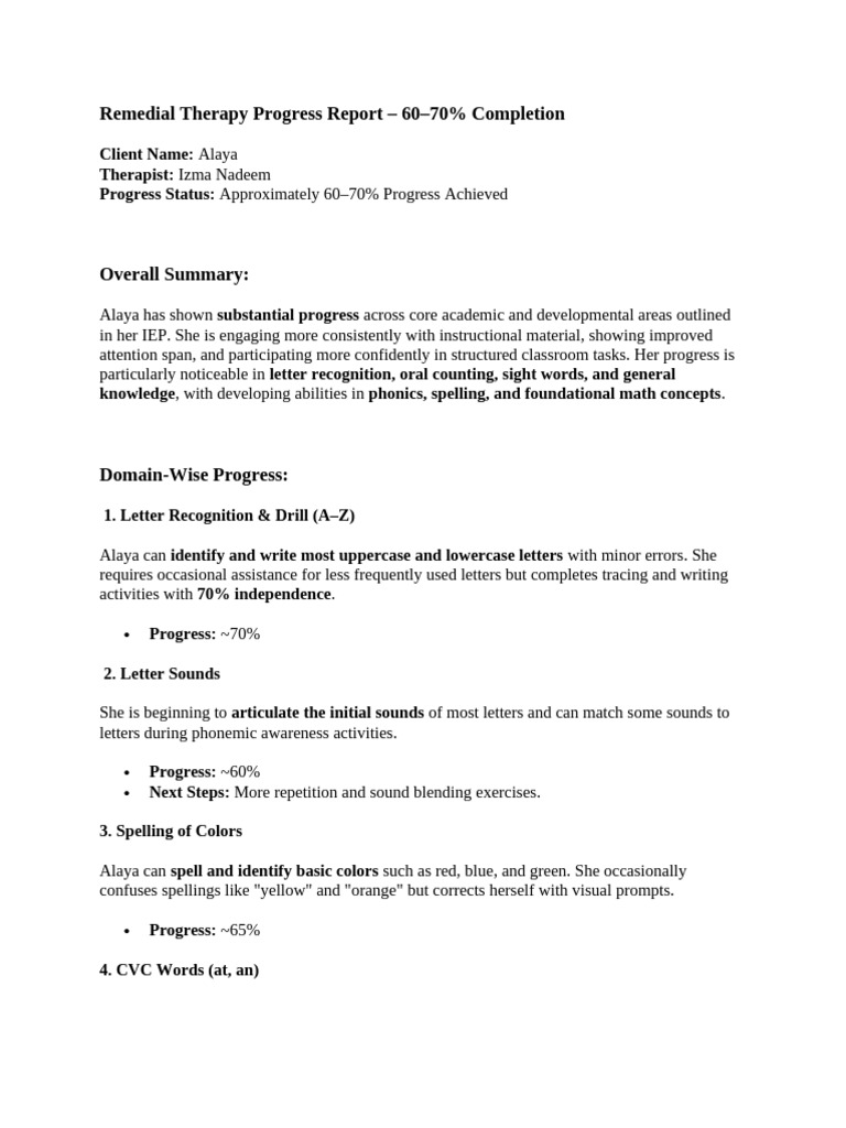 Remedial Therapy Progress Report Alaya | PDF | Linguistics | Learning