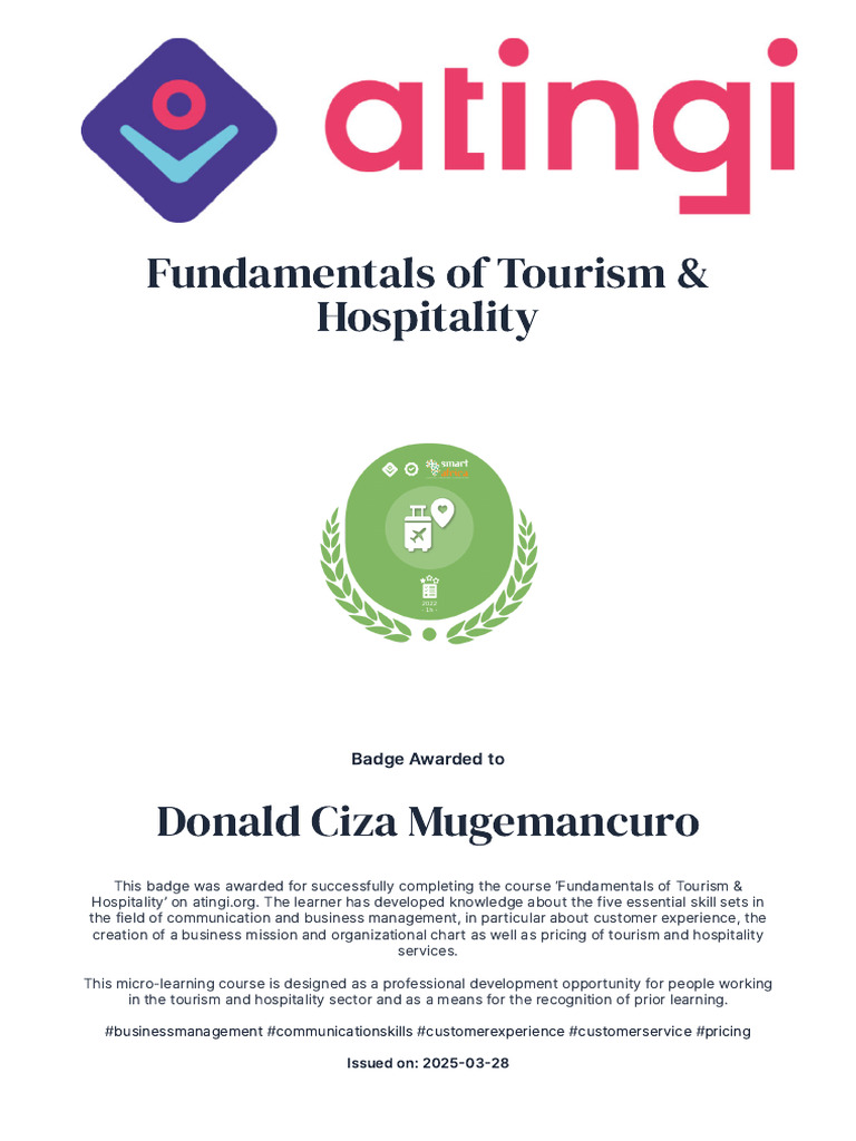 Fundamentals of Tourism & Hospitality Badge | PDF | Educational Assessment