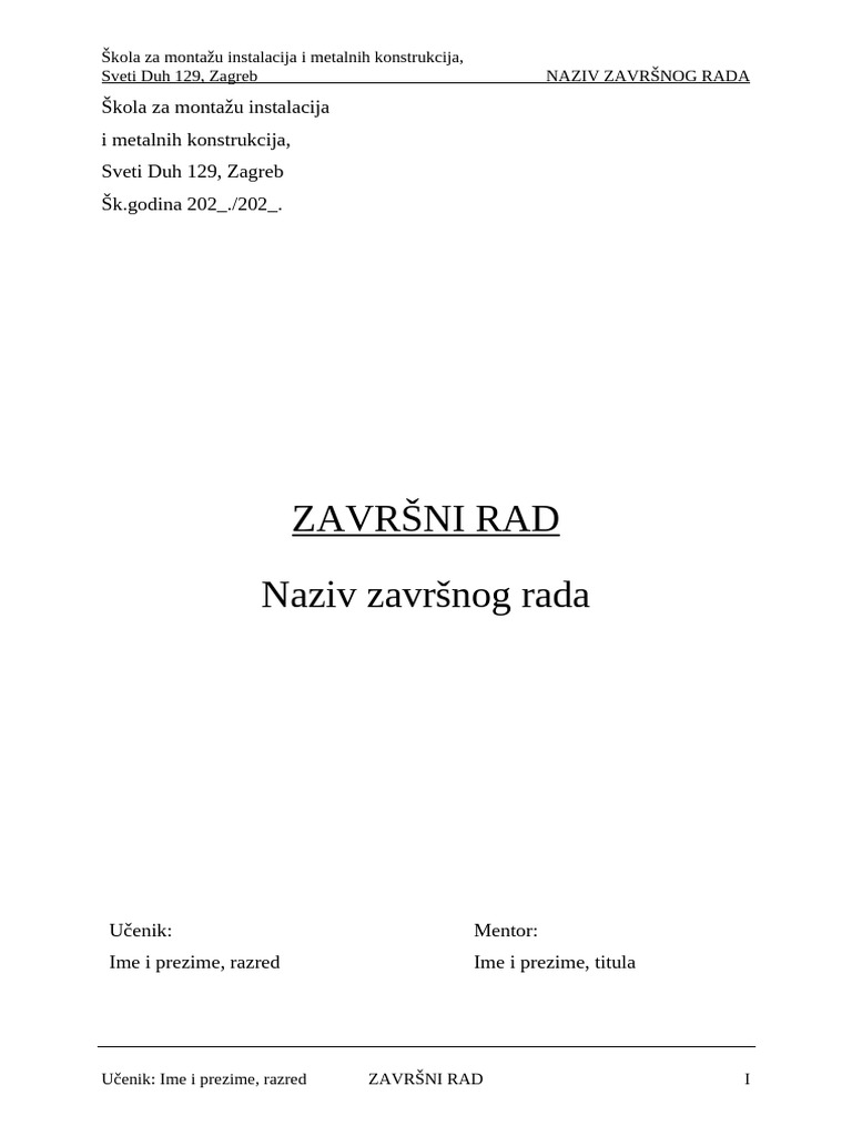Primjer Zavrsnog Rada STROJARSKI TEHNICAR Tibor Bali | PDF