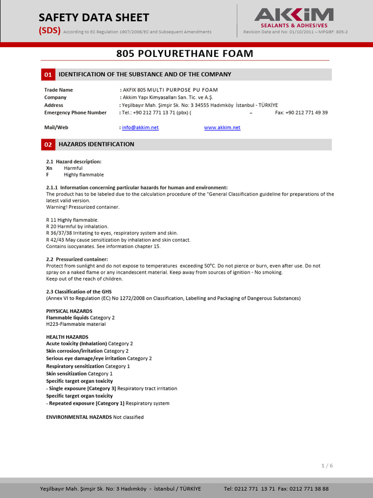 PU Foam 805 Safety Data Sheet | PDF