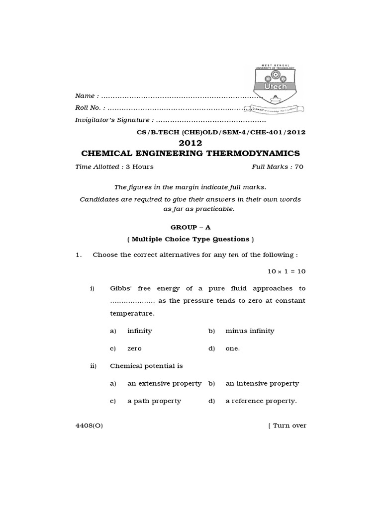 Btech Che 4 Sem Chemical Engineering Thermodynamics 2012 | PDF | Temperature | Gibbs Free Energy