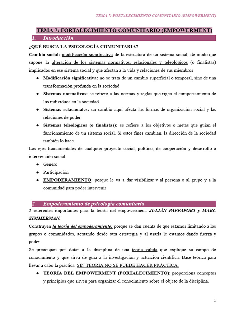 Tema 7 - Fortalecimiento Comunitario (Empowerment) | PDF | Empoderamiento | Comunidad