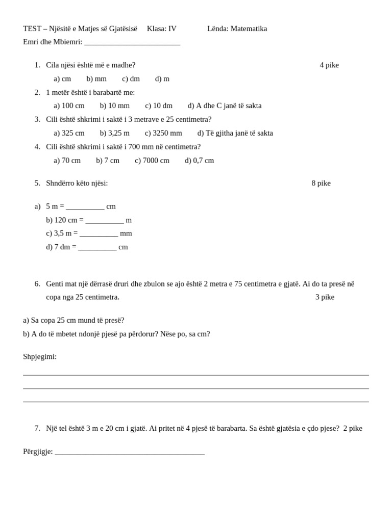 Test Mat. 4 Njesite Matese | PDF