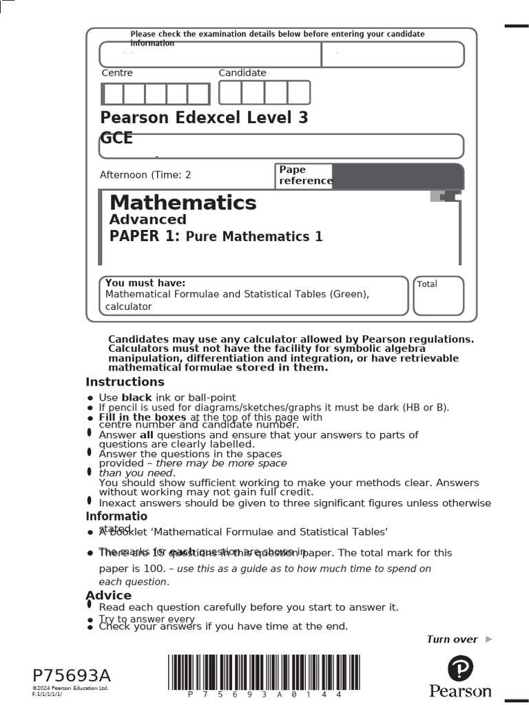 Edexcel A Level Maths Paper 1 2024 | PDF | Mathematics | Applied ...