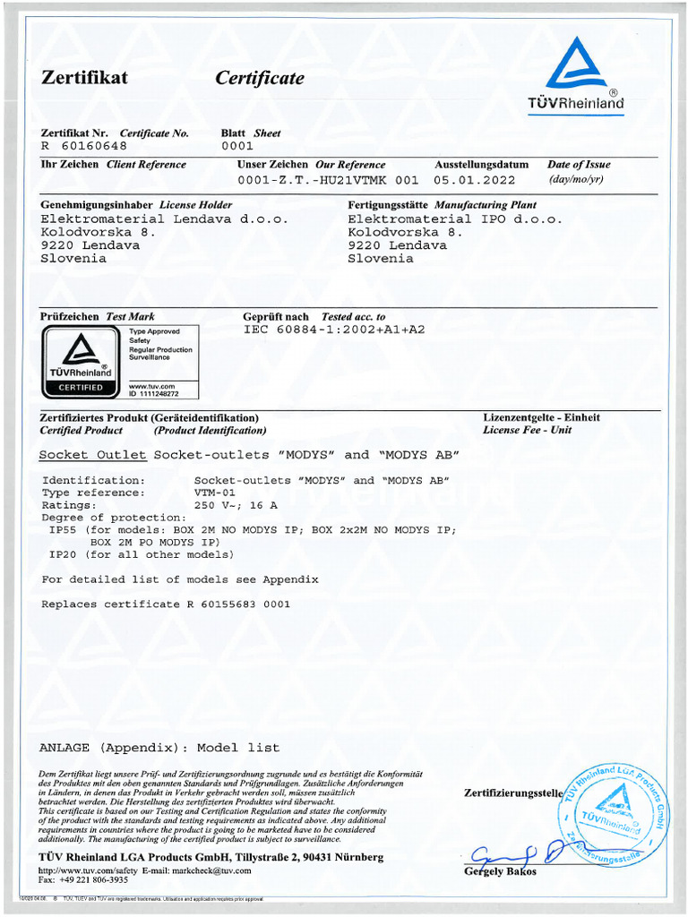 R 60160648 0001 - Certificate - Corr-2m Utičnice | PDF | International ...