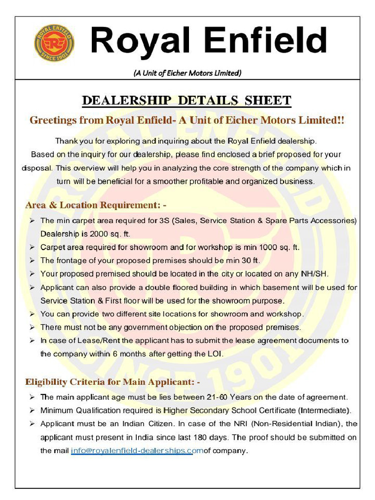 Royal Enfield Dealership Details Sheet | PDF