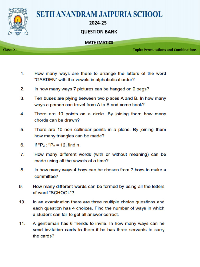 Question Bank - Xi - Permutation and Combination - Final | PDF